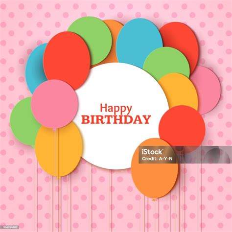 행복 한 생일 인사말 카드 서식 파일 흰색 라운드 프레임 종이 플 라 잉 핑크 배경에 풍선을 잘라 벡터 아플 리 케 그림입니다 디자인 카드 선물에 대 한 평면 축제 풍선