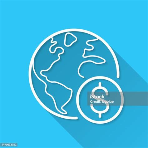 달러 기호가 있는 지구 파란색 배경에 아이콘 긴 그림자가 있는 평면 디자인 0명에 대한 스톡 벡터 아트 및 기타 이미지 0명