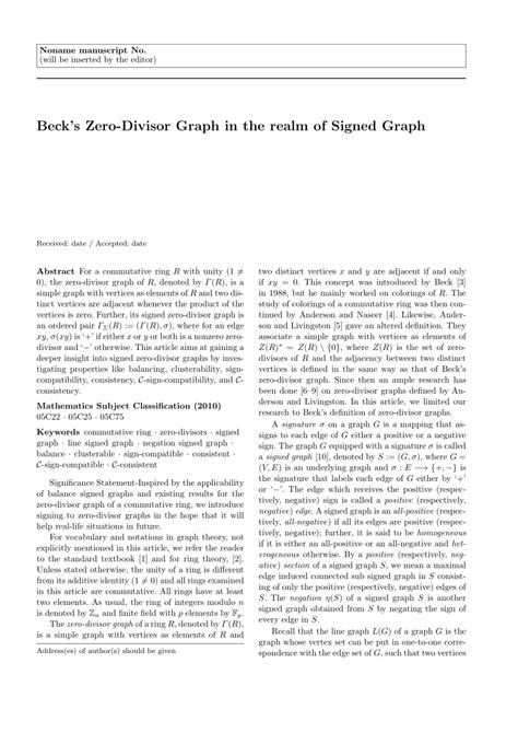 Pdf Becks Zero Divisor Graph In The Realm Of Signed Graph