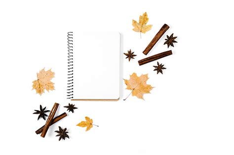 계피 고수 말린 단풍 나무 잎과 흰색 배경에 노트북 창조적 인 가을 추수 감사절 가을 할로윈 개념 플랫 레이 상단 뷰 복사 공간 0명에 대한 스톡 사진 및 기타 이미지
