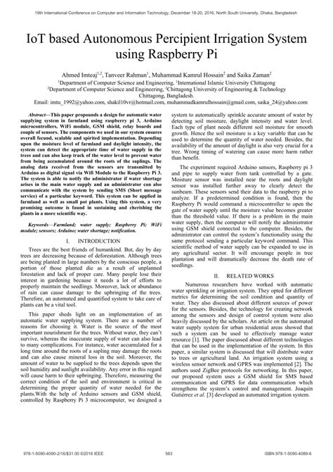 Pdf Iot Based Autonomous Percipient Irrigation System Using Raspberry Pi