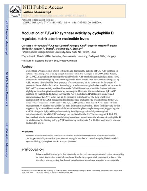 Pdf Modulation Of F0f1 Atp Synthase Activity By Cyclophilin D Regulates Matrix Adenine