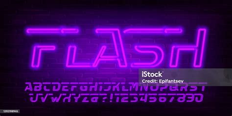 알파벳 글꼴을 플래시합니다 보라색 네온 빛 글자 숫자와 기호 벽돌 벽 배경 0명에 대한 스톡 벡터 아트 및 기타 이미지 0명 광학 작용 나이트클럽 Istock