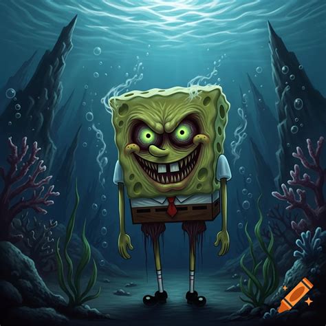 A Distorted Scary Spongebob With Glowing Green Eyes And Sharp Teeth