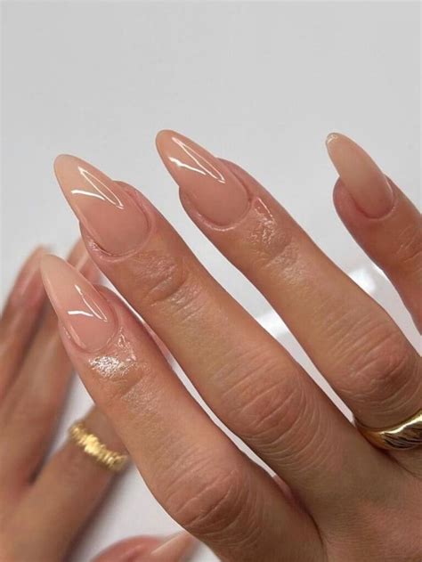 Glossy Beige Almond Shaped Nail Design Beige Nails Gel Nails