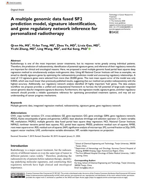 Pdf A Multiple Genomic Data Fused Sf2 Prediction Model Signature Identification And Gene