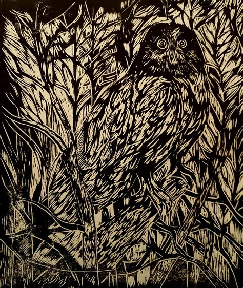 Midnight Owl Reductive Wood Cut Print R Printmaking