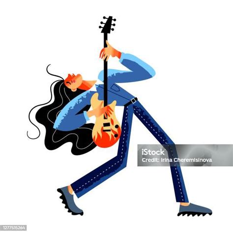 콘서트 쇼에서 기타에서 록 음악을 연주하는 소녀 현대 축제에서 공연 하는 음악가 기타리스트 플레이어 인기 엔터테인먼트 장면 벡터 일러스트 흰색 배경에 여성 록스타 Live