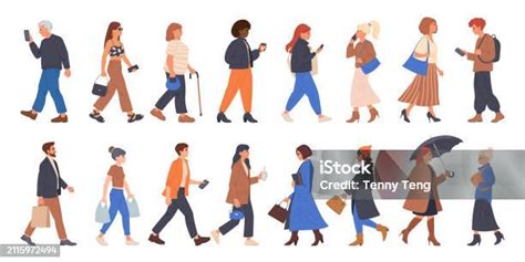 걷는 사람들 사무실에 가거나 쇼핑하거나 걷거나 보행자가 걷거나 학생 사업가 또는 관광객이 함께 걷는 남자와 여자 플랫 벡터 일러스트 레이션 세트 사람들 다양한 군중 캐릭터