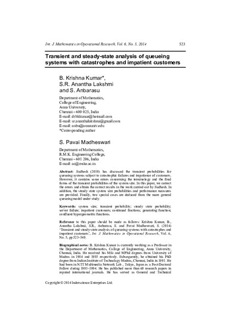 Pdf Transient And Steady State Analysis Of Queueing Systems With Catastrophes And Impatient