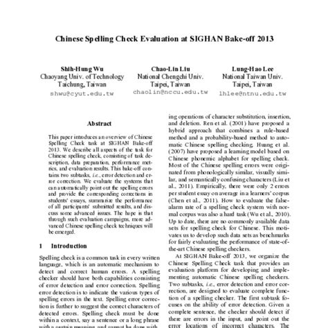 Chinese Spelling Check Evaluation At Sighan Bake Off 2013 Acl Anthology