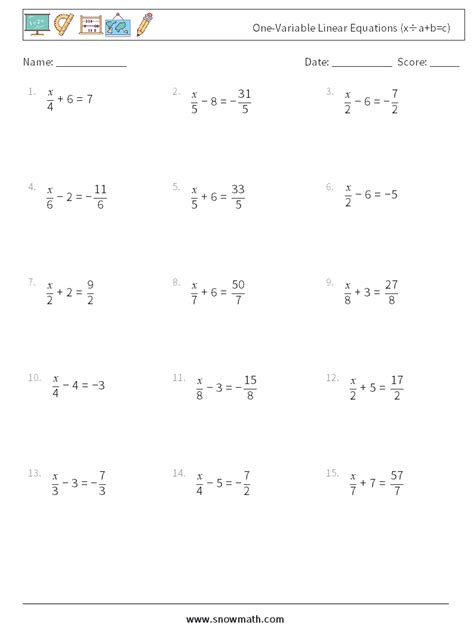 One Variable Linear Equations X÷a B C Math Worksheets Math Practice