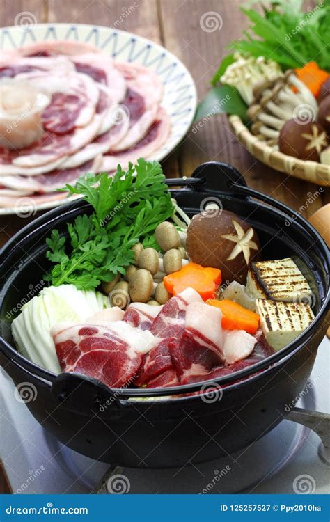 Botan Nabe Ingredients Japanese Wild Boar Hot Pot Stock Image Image