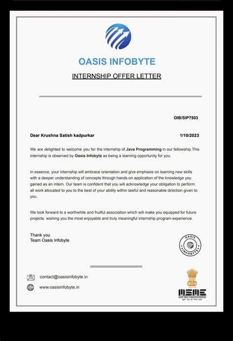 Krushna Kadpurkar On Linkedin Java Javaprogramming Oasisinfobyte Opportunity Intern