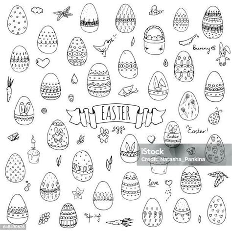 손으로 그린된 낙서 부활절 아이콘 설정 벡터 일러스트 레이 션 봄 토끼 기호 컬렉션 만화 장식 요소 달걀 토끼 바구니 새 당근 나비 토끼 발자국 사냥 계란 마음 부활절