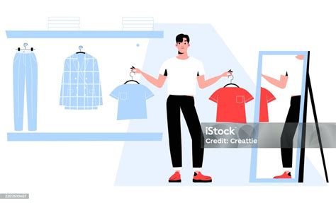 남자는 패션 소매 쇼핑 경험 및 소비자 의사 결정을 상징하는 플랫 벡터 일러스트 레이 션에서 상점에서 옷을 선택하고 흰색 배경에 고립 경제에 대한 스톡 벡터 아트 및 기타
