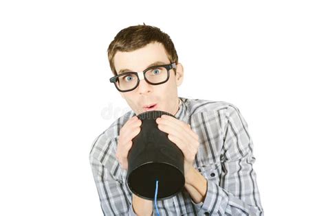 On Call Nerd Making A Tin Can Phone Announcement Stock Image Image Of