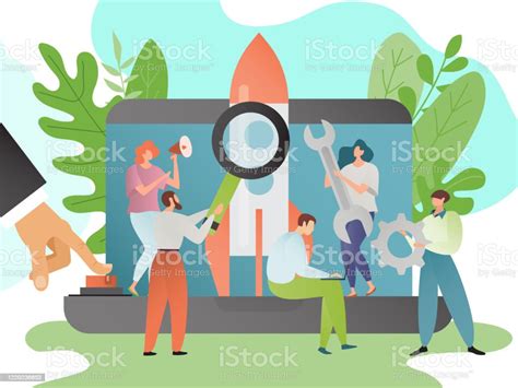 시작 벡터 그림입니다 비즈니스 시작 개념입니다 돋보기 메가 폰 기어 렌치 스타트 로켓과 사람들 만화 캐릭터 Launch Party에 대한 스톡 벡터 아트 및 기타 이미지