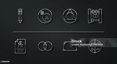 선 설정 연필 함수 수학 기호 주판 예리한 사다리꼴 모양 수학 세트 및 B 하위 집합 수학 하위 집합 Xyz 좌표계 및 삼각형 아이콘입니다 벡터 3차원 형태에 대한 스톡