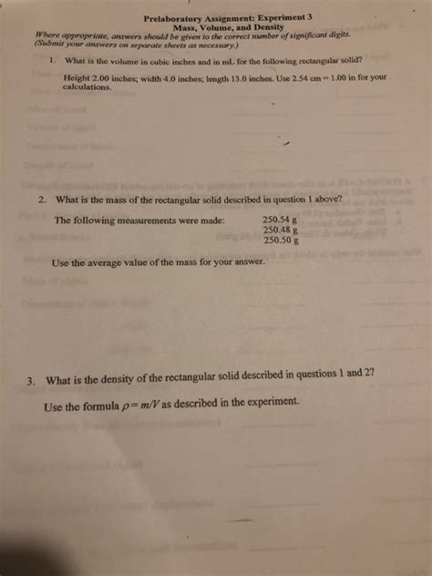 solved prelaboratory assignment experiment 3 mass volume