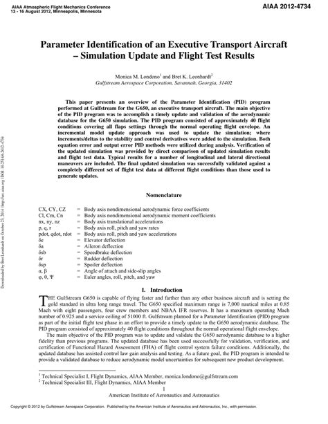 Pdf Parameter Identification Of An Executive Transport Aircraft Simulation Update And Flight