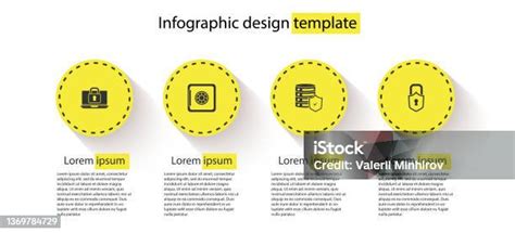 랩톱 및 잠금 안전 방패와 잠금 장치가 있는 서버를 설정합니다 비즈니스 인포그래픽 템플릿입니다 벡터 강철에 대한 스톡 벡터 아트 및 기타 이미지 Istock