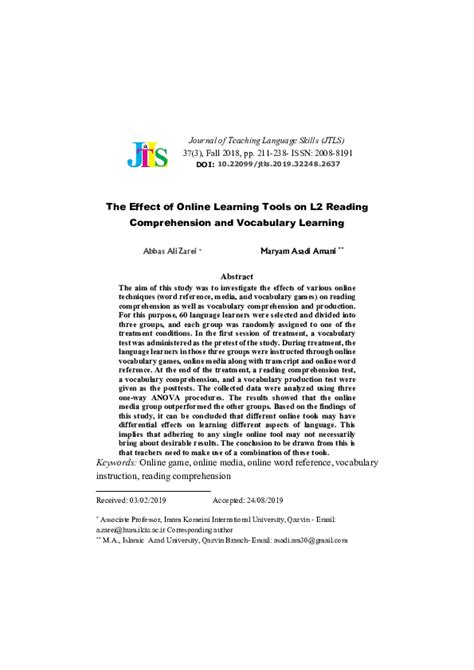 Pdf The Effect Of Online Learning Tools On L2 Reading Comprehension And Vocabulary Learning