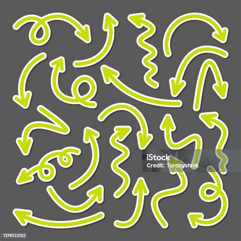 화려한 손으로 그린 화살표 스티커 세트 녹색 포인터 컬렉션입니다 다른 모양의 간단한 화살표 방향 표지판 벡터 일러스트레이션 개체 그룹에 대한 스톡 벡터 아트 및 기타 이미지