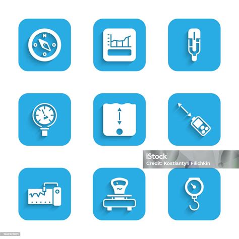 깊이 측정 저울 핸드 스케일 스프링 기계 레이저 거리 측정기 측정기 압력 수량계 의료용 온도계 및 나침반 아이콘을 설정합니다