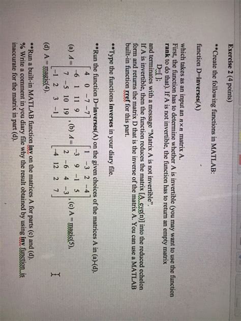 Solved Create The Following Functions In Matlab Function