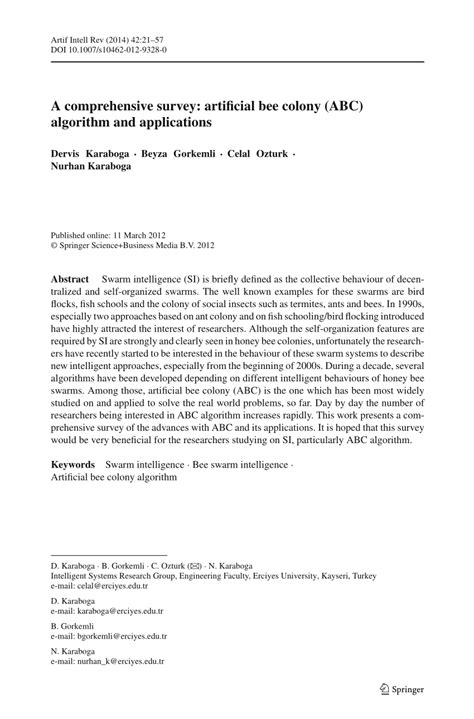 Pdf A Comprehensive Survey Artificial Bee Colony Abc Algorithm And Applications