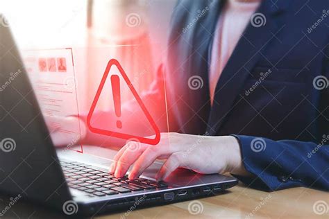 Businessman Using Laptop Computer With Alerts Warning Triangles Showing System Errors Stock