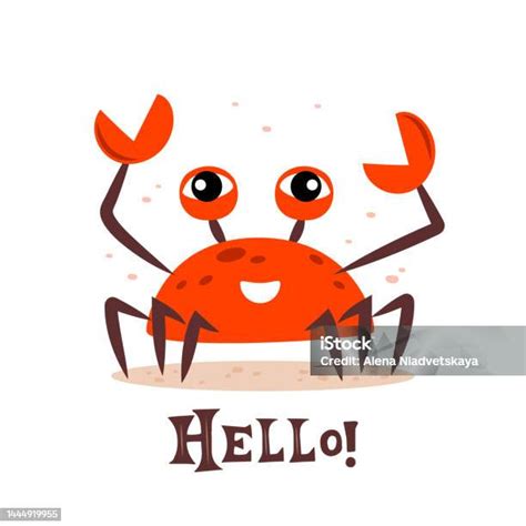 귀여운 만화 빨간 게 웃는 캐릭터 안녕 게 포스터 로고 인사말 카드 배너 귀여운 만화 인쇄에 대 한 재미 있는 벡터 일러스트 레이 션 갈고리 발톱에 대한 스톡 벡터 아트 및