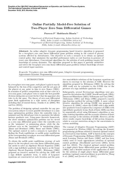 Pdf Online Partially Model Free Solution Of Two Player Zero Sum