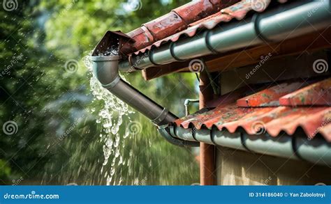 Rain Gutter Overflowing Onto A Moss Covered Roof Stock Image