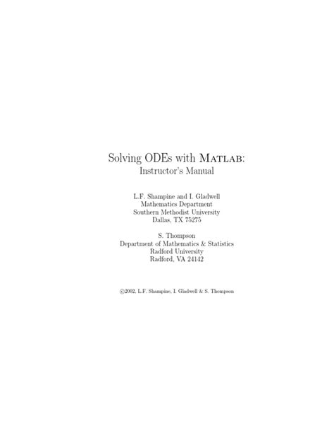 solving odes with matlab instructors manual pdf ordinary
