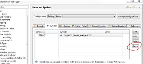 Export Button In Eclipse Cdt Paths And Symbols Dialog Stack Overflow