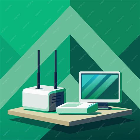 Computer White Router In The Background Green Background Vector Illustration Flat 2 Premium Ai