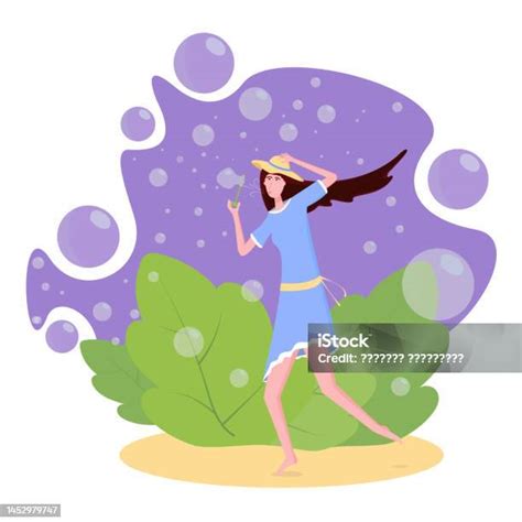 비누 방울 벡터 일러스트 레이 션을 부는 소녀 귀여운에 대한 스톡 벡터 아트 및 기타 이미지 귀여운 기포 놀기 Istock