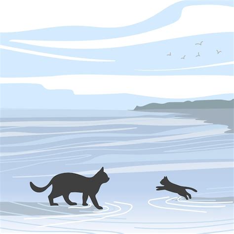 Kustlandschap En Schattige Kat Vector Achtergrond Premium Vector