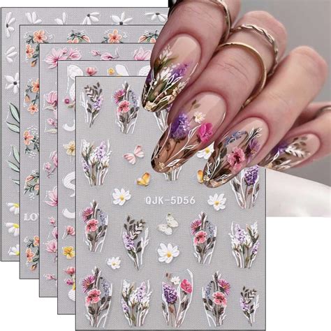 Jmeowio 6 Sheets 3d Embossed Spring Flower Nail Art