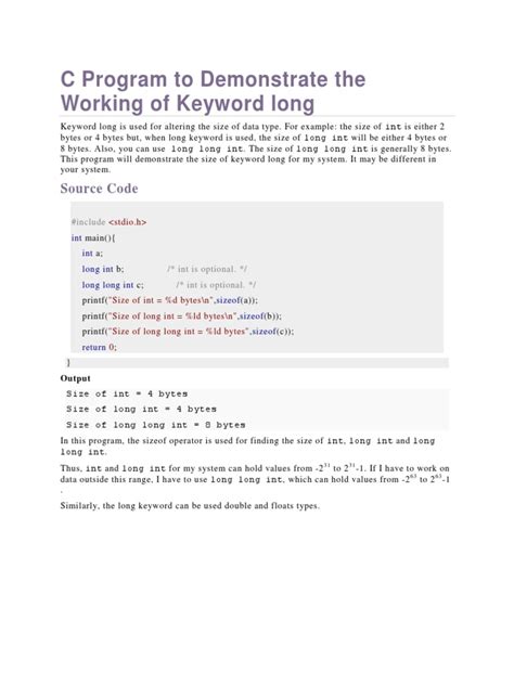 C Programming Program To Demonstrate The Working Of Keyword Long