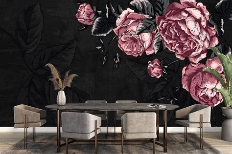 Siyah Zeminde Pembe çiçekler Quality Wallpaper Duvar Kağıdı