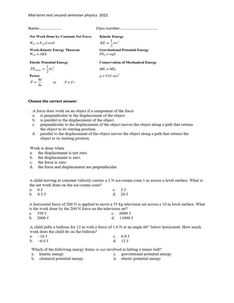 Physics Mid Term Test Work Energy Power