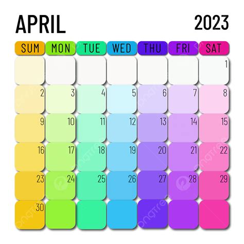 Календарь на апрель 2023 года настольный календарь для печати простой многоцветный Png 2023