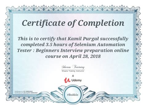 Kamil Purgał On Linkedin Completion Certificate For Selenium Automation Tester Beginners