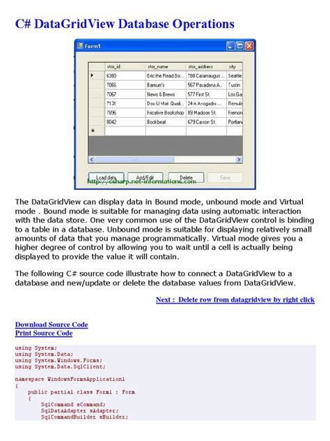 C Datagridview Database Operations Next Delete Row From Datagridview