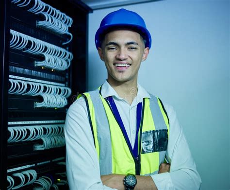 engineering portrait and man with smile in server room for network