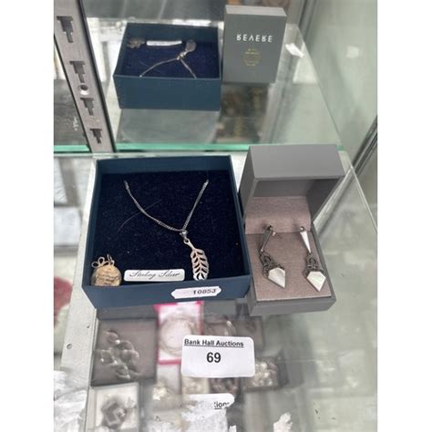 Silver Necklace With Two Silver Pendants And Silver Earrings All 925