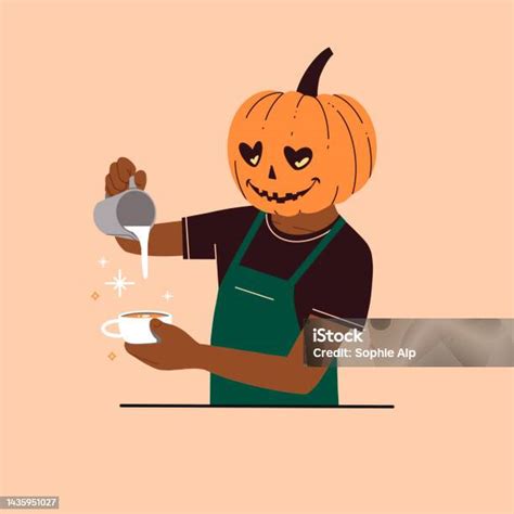 새겨진 호박 머리를 입고 호박 향신료 라떼 커피를 만드는 바리스타 할로윈에 대한 스톡 벡터 아트 및 기타 이미지 할로윈